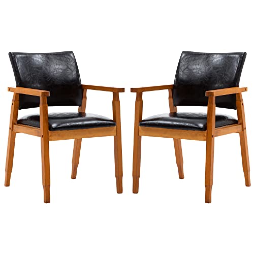 NOBPEINT Mid-Century Dining Side Chair with Faux Leather Seat in Black, Arm Chair in Walnut,Set of 2