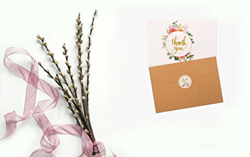 40 Floral & Gold Thank You Cards | Thank You Notes Bulk Box Set with Kraft Envelopes & Stickers | Large 4 x 6" White Greeting Cards Blank Inside | For Wedding, Graduation, Men & Women Sympathy