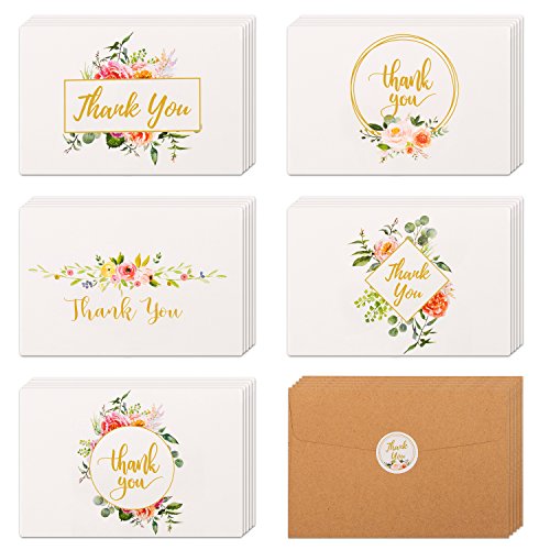 40 Floral & Gold Thank You Cards | Thank You Notes Bulk Box Set with Kraft Envelopes & Stickers | Large 4 x 6" White Greeting Cards Blank Inside | For Wedding, Graduation, Men & Women Sympathy