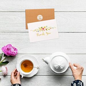 40 Floral & Gold Thank You Cards | Thank You Notes Bulk Box Set with Kraft Envelopes & Stickers | Large 4 x 6" White Greeting Cards Blank Inside | For Wedding, Graduation, Men & Women Sympathy