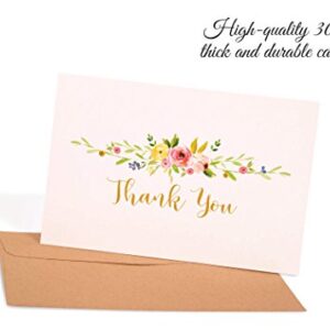 40 Floral & Gold Thank You Cards | Thank You Notes Bulk Box Set with Kraft Envelopes & Stickers | Large 4 x 6" White Greeting Cards Blank Inside | For Wedding, Graduation, Men & Women Sympathy