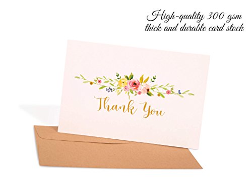 40 Floral & Gold Thank You Cards | Thank You Notes Bulk Box Set with Kraft Envelopes & Stickers | Large 4 x 6" White Greeting Cards Blank Inside | For Wedding, Graduation, Men & Women Sympathy