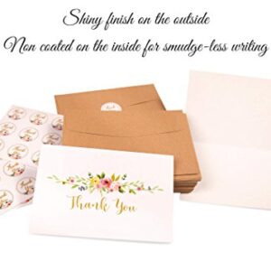 40 Floral & Gold Thank You Cards | Thank You Notes Bulk Box Set with Kraft Envelopes & Stickers | Large 4 x 6" White Greeting Cards Blank Inside | For Wedding, Graduation, Men & Women Sympathy