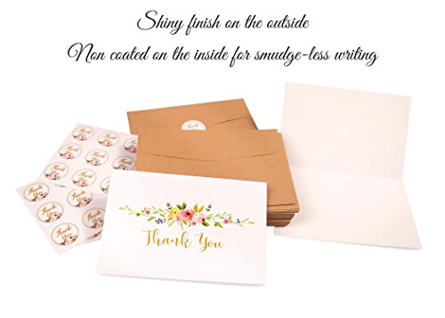 40 Floral & Gold Thank You Cards | Thank You Notes Bulk Box Set with Kraft Envelopes & Stickers | Large 4 x 6" White Greeting Cards Blank Inside | For Wedding, Graduation, Men & Women Sympathy