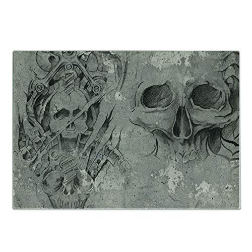 Lunarable Tattoo Cutting Board, Scary Dead Skull Skeleton Demon Gothic Elements with Tribals Design Print, Decorative Tempered Glass Cutting and Serving Board, Small Size, Grey Beige