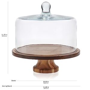 Libbey Acaciawood Footed Round Wood Server Cake Stand with Glass Dome