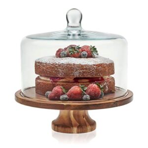 libbey acaciawood footed round wood server cake stand with glass dome