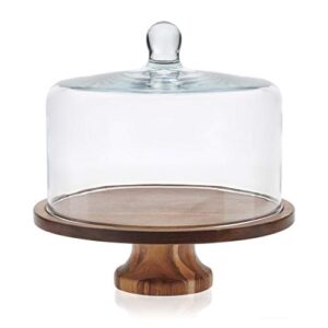 Libbey Acaciawood Footed Round Wood Server Cake Stand with Glass Dome