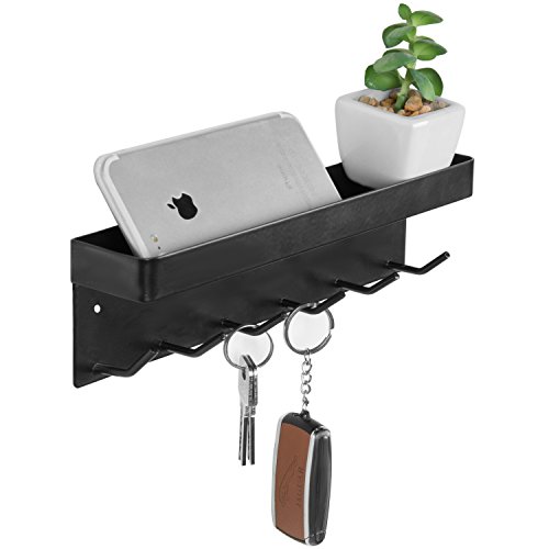 MyGift Black Metal Key Rack for Wall Entryway with Mail Holder and Catchall Accessories Shelf