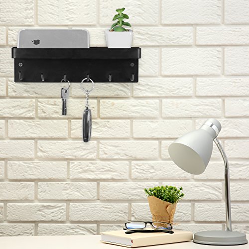 MyGift Black Metal Key Rack for Wall Entryway with Mail Holder and Catchall Accessories Shelf