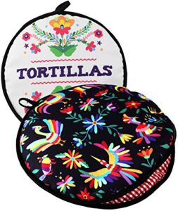 two sided!tortilla warmer, size 11” insulated and microwaveable, fabric pouch keeps them warm for up to one hour! perfect holder for corn & flour for all occasions!