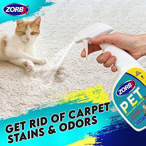 ZORBX Pet Stain and Odor Eliminator for Strong Odor - Dual Action Natural Enzymes Pet Odor Neutralizer & Stain Remover for Dog & Cat Urine | Carpet Cleaner Spray - 24 FL Oz