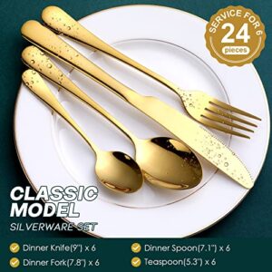 Gold Silverware Set, OGORI 24-Piece Gold Forged Stainless Steel Flatware Set, Service of 6