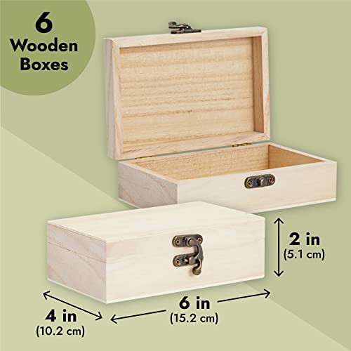 6-Pack Unfinished Wooden Boxes for Crafts with Hinged Lids and Front Clasps, Small Size to Hold Jewelry, Keys, Stickers, Playing Cards (Rectangular, Natural Color, 6x4x2 in)