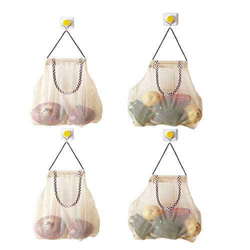 hatisan Reusable Hanging Storage Mesh Bags Durable & Strong Fruit and Vegetable Mesh Bags/Pulling resistance Storage Tote Bags for Garlics, Potatoes, Onions or Garbage Bag-Clear(4Pcs)