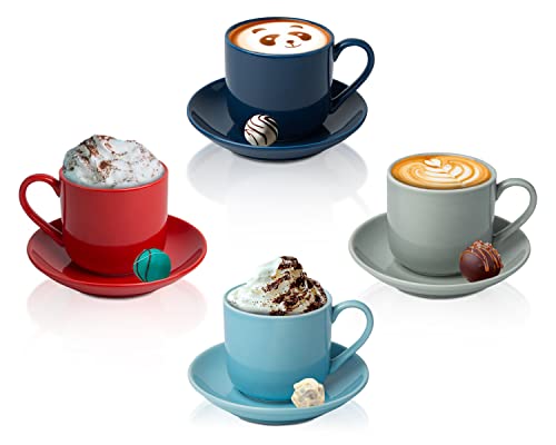 4oz. Espresso Cups Set of 4 With Matching Saucers - Premium Porcelain, 8 Piece Gift Box Demitasse Set - Red, Blue & Grey – Italian Caffè Mugs, Turkish Coffee Cup – Lungo Shots, Dopio Double Shot