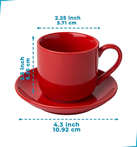 4oz. Espresso Cups Set of 4 With Matching Saucers - Premium Porcelain, 8 Piece Gift Box Demitasse Set - Red, Blue & Grey – Italian Caffè Mugs, Turkish Coffee Cup – Lungo Shots, Dopio Double Shot