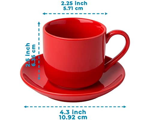 4oz. Espresso Cups Set of 4 With Matching Saucers - Premium Porcelain, 8 Piece Gift Box Demitasse Set - Red, Blue & Grey – Italian Caffè Mugs, Turkish Coffee Cup – Lungo Shots, Dopio Double Shot