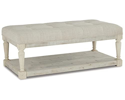 Signature Design by Ashley Shawnalore Farmhouse Upholstered Solid Wood Ottoman Coffee Table, Whitewash