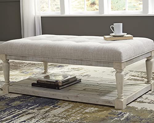 Signature Design by Ashley Shawnalore Farmhouse Upholstered Solid Wood Ottoman Coffee Table, Whitewash