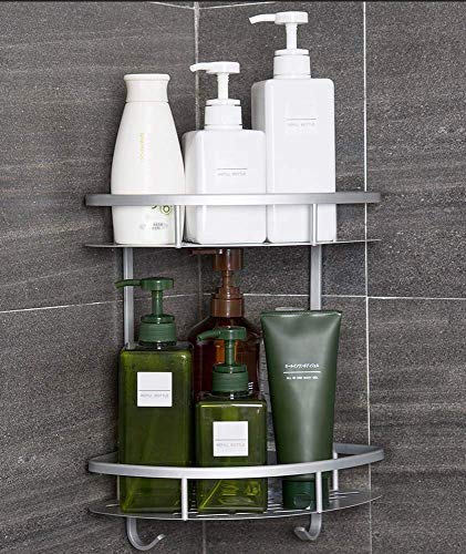 Hawsam No Drilling Bathroom Corner Shelves, Aluminum 2 Tier Shower Shelf Caddy Adhesive Storage Basket for Shampoo (Corner)