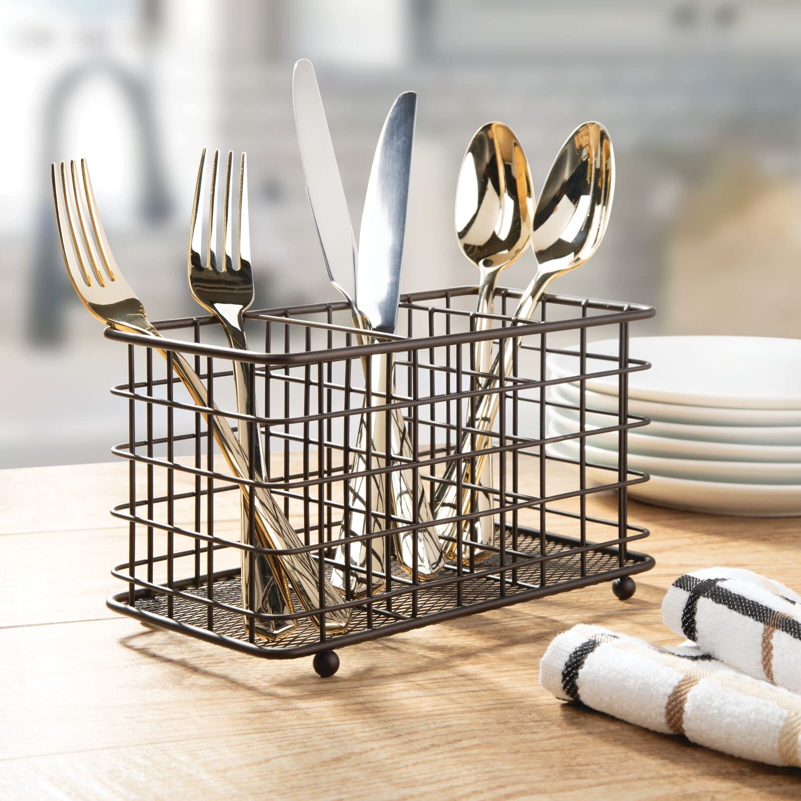 mDesign Farmhouse Modern Metal Wire Cutlery and Utensil Storage Organizer Bin for Kitchen, Pantry, Table and Countertop - Utensil Caddy Holds Forks, Knives, Spoons, Napkins - 3 Sections - Bronze