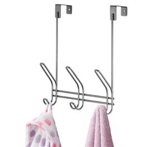 mdesign decorative over door 6 hook metal storage organizer rack for coats, hoodies, hats, scarves, purses, leashes, bath towels, robes, men and womens clothing - graphite gray