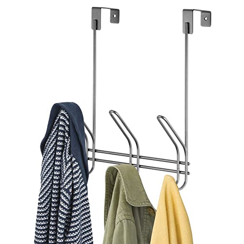 mDesign Decorative Over Door 6 Hook Metal Storage Organizer Rack for Coats, Hoodies, Hats, Scarves, Purses, Leashes, Bath Towels, Robes, Men and Womens Clothing - Graphite Gray