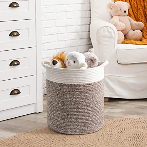 INDRESSME Cotton Rope Basket for Yoga Mat, Baby Laundry Basket for Toy, Towel, Clothes, Blankets, Woven Basket for Nursery Room, Living Room, 15 x13 inches, Brown