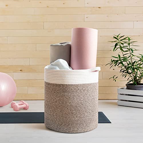 INDRESSME Cotton Rope Basket for Yoga Mat, Baby Laundry Basket for Toy, Towel, Clothes, Blankets, Woven Basket for Nursery Room, Living Room, 15 x13 inches, Brown