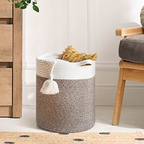 INDRESSME Cotton Rope Basket for Yoga Mat, Baby Laundry Basket for Toy, Towel, Clothes, Blankets, Woven Basket for Nursery Room, Living Room, 15 x13 inches, Brown