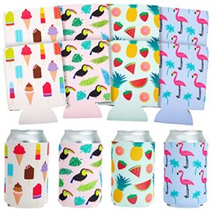 12-Pack Tropical Neoprene Can Cooler Sleeves for Beer, Soft Drinks, Water Bottles, Soda Covers for Bridal Shower, Bachelorette, Beach, Luau, Pool Parties, 4 Summer-Themed Designs (12 Oz)