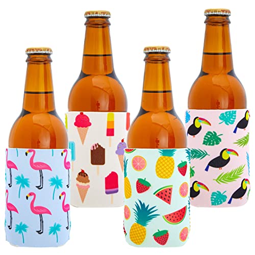 12-Pack Tropical Neoprene Can Cooler Sleeves for Beer, Soft Drinks, Water Bottles, Soda Covers for Bridal Shower, Bachelorette, Beach, Luau, Pool Parties, 4 Summer-Themed Designs (12 Oz)