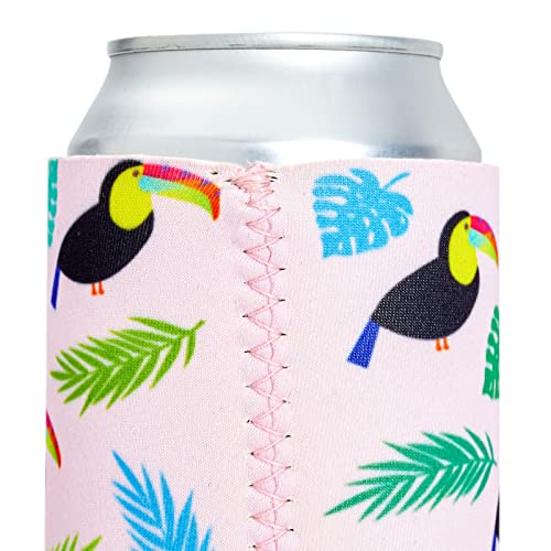 12-Pack Tropical Neoprene Can Cooler Sleeves for Beer, Soft Drinks, Water Bottles, Soda Covers for Bridal Shower, Bachelorette, Beach, Luau, Pool Parties, 4 Summer-Themed Designs (12 Oz)