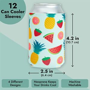 12-Pack Tropical Neoprene Can Cooler Sleeves for Beer, Soft Drinks, Water Bottles, Soda Covers for Bridal Shower, Bachelorette, Beach, Luau, Pool Parties, 4 Summer-Themed Designs (12 Oz)