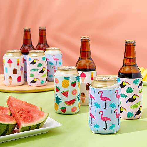 12-Pack Tropical Neoprene Can Cooler Sleeves for Beer, Soft Drinks, Water Bottles, Soda Covers for Bridal Shower, Bachelorette, Beach, Luau, Pool Parties, 4 Summer-Themed Designs (12 Oz)