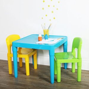 Humble Crew, Aqua Table & Green/Yellow Kids Lightweight Plastic Table and 2 Chairs Set, Square, Toddler