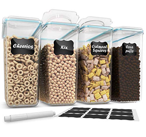 Cereal Container Storage Set - 100% Airtight Food Storage Containers, 18 Labels and Pen, Great for Flour - BPA Free Dispenser Keepers (135.2oz) 4PC - Shazo