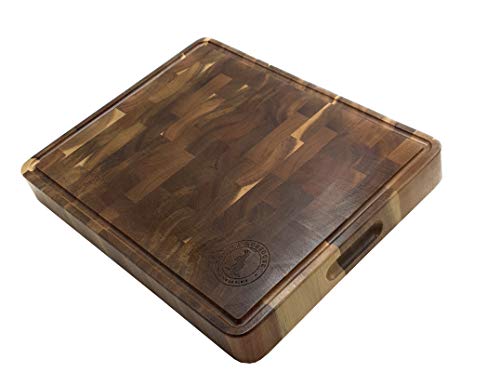 Acacia 17 x 13 x 2” Extra-Large End Grain Cutting Board with Juice Groove & Hand Grips Luxury Fancy XL Thick Reversible Dark Wood Butcher Block Chopping Carving Serving Platter Tray Birthday Gift Idea