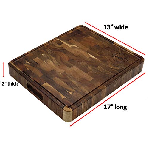 Acacia 17 x 13 x 2” Extra-Large End Grain Cutting Board with Juice Groove & Hand Grips Luxury Fancy XL Thick Reversible Dark Wood Butcher Block Chopping Carving Serving Platter Tray Birthday Gift Idea