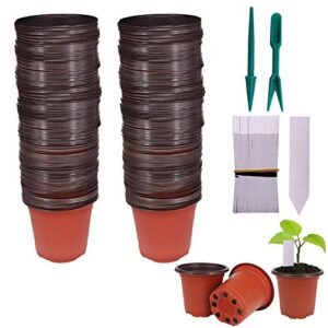 huvai 100 pcs 4" plastic seedlings plants nursery pots with 100 pcs waterproof plastic plant tags and 2pcs/set transplanting digging mini tools