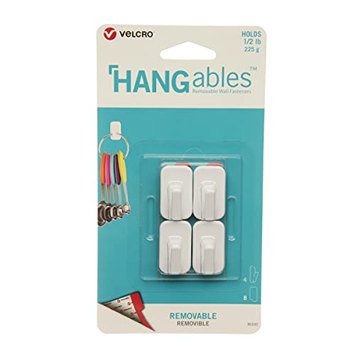 VELCRO Brand HANGables Removable Wall Hooks | Easy-to-Remove Wall Fasteners | Damage-Free, Non-Permanent Hooks for Lightweight Items | Micro, Holds 1/2 lb, White, 4-Pack