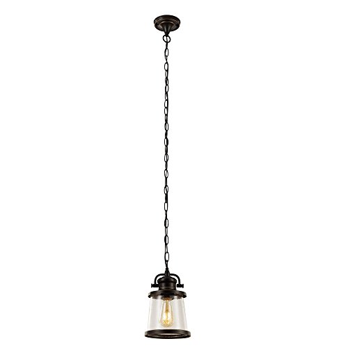 Globe Electric 44231 1-Light Outdoor Pendant, Bronze, Oil Rubbed Finish, Clear Seeded Glass Shade, Vintage Edison LED Bulb Included, E26 Base Socket, Porch Light, Ceiling Hanging Light Fixture