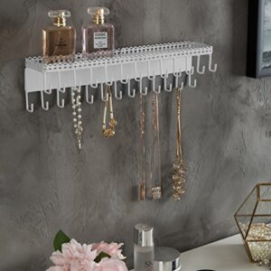 MyGift 26-Hook White Wall-Mounted Metal Jewelry Organizer with Display Shelf