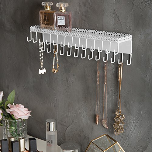 MyGift 26-Hook White Wall-Mounted Metal Jewelry Organizer with Display Shelf