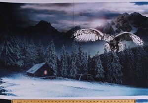 28" x 44" panel owl mountain cabin pine trees winter snow snowy night bird nature landscape call of the wild digital print cotton fabric panel (q4459-128-midnight)