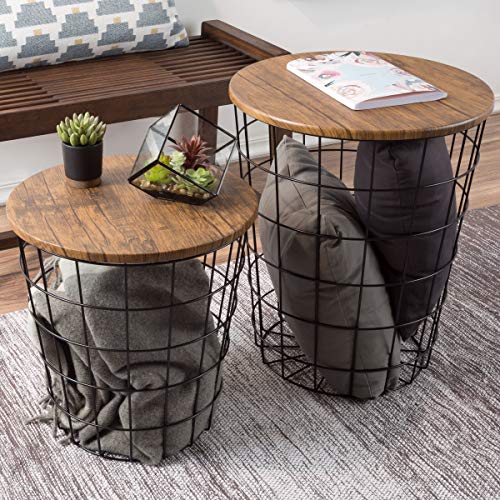 Lavish Home End Storage – Nesting Wire Basket Base and Wood Tops – Industrial Farmhouse Style Side Table, Set of 2 - Round Black, Brown