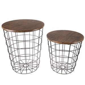 Lavish Home End Storage – Nesting Wire Basket Base and Wood Tops – Industrial Farmhouse Style Side Table, Set of 2 - Round Black, Brown