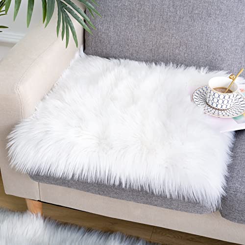 Noahas Faux Fur Sheepskin Silky Seat Cushion Home Decor Long Wool Area Rugs Carpet Soft Fluffy Plush Chair Seat Pads Universal Fit for Home Office Restaurant Chair, 1.6ft x 1.6ft, White, 1 Pack