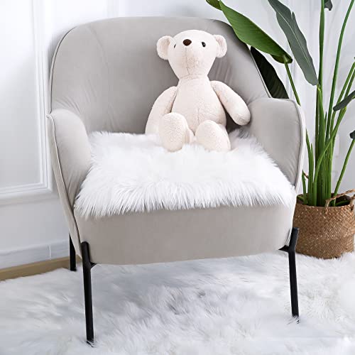 Noahas Faux Fur Sheepskin Silky Seat Cushion Home Decor Long Wool Area Rugs Carpet Soft Fluffy Plush Chair Seat Pads Universal Fit for Home Office Restaurant Chair, 1.6ft x 1.6ft, White, 1 Pack